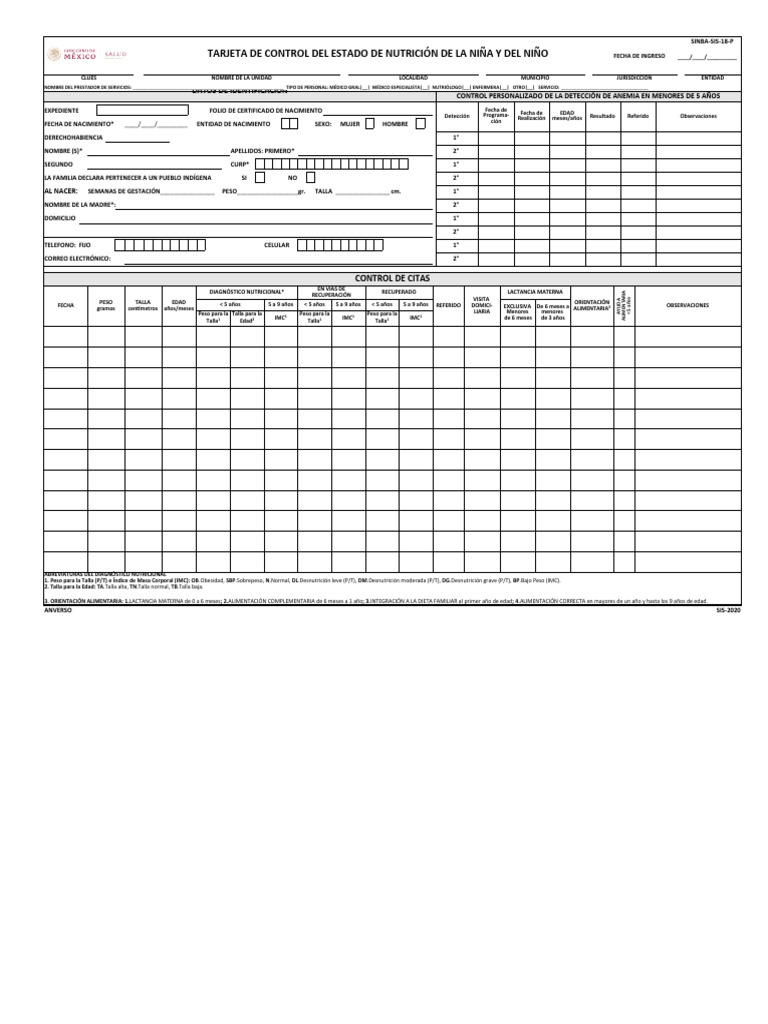 Sinba-Sis-18-P 2020 Tarjeta de Control Nutricion Niño Niña | PDF ...