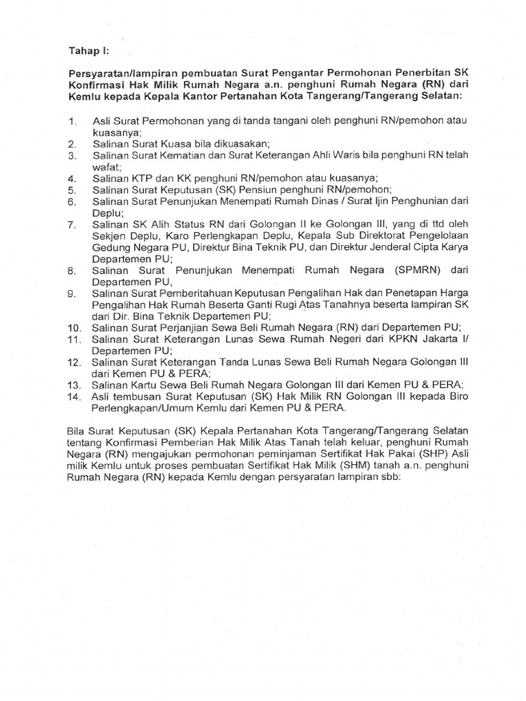 Lampiran Persyaratan Permohonan Surat Pengantar Dari Kemlu Ke ATR / BPN Hal Pemecahan Sertifikat ...