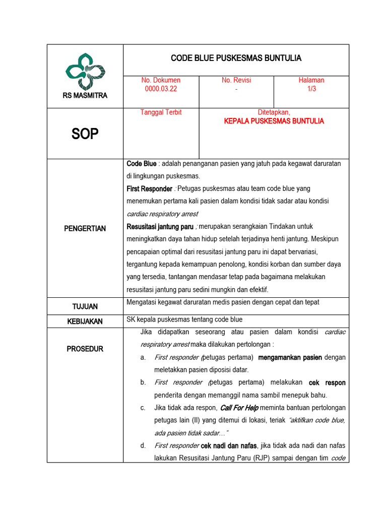 SOP Code Blue Puskesmas Buntulia | PDF