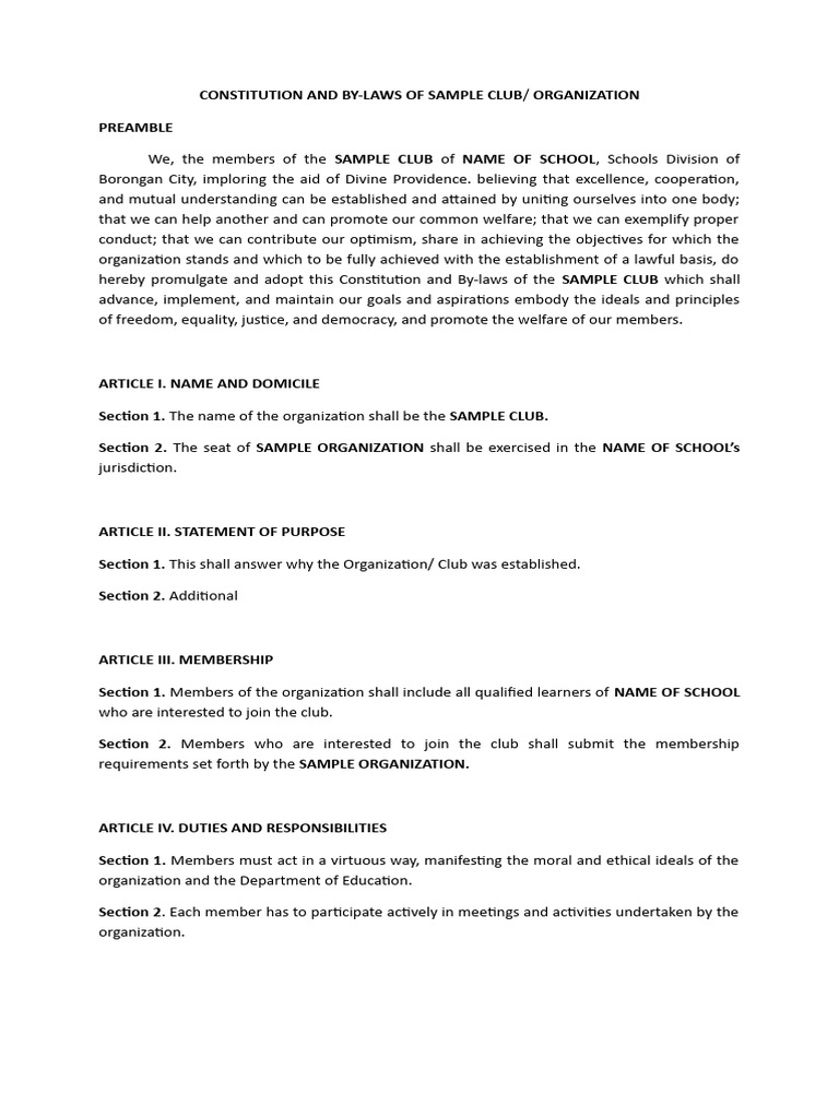 Sample Constitution and by Laws | PDF | Presidents Of The United States ...