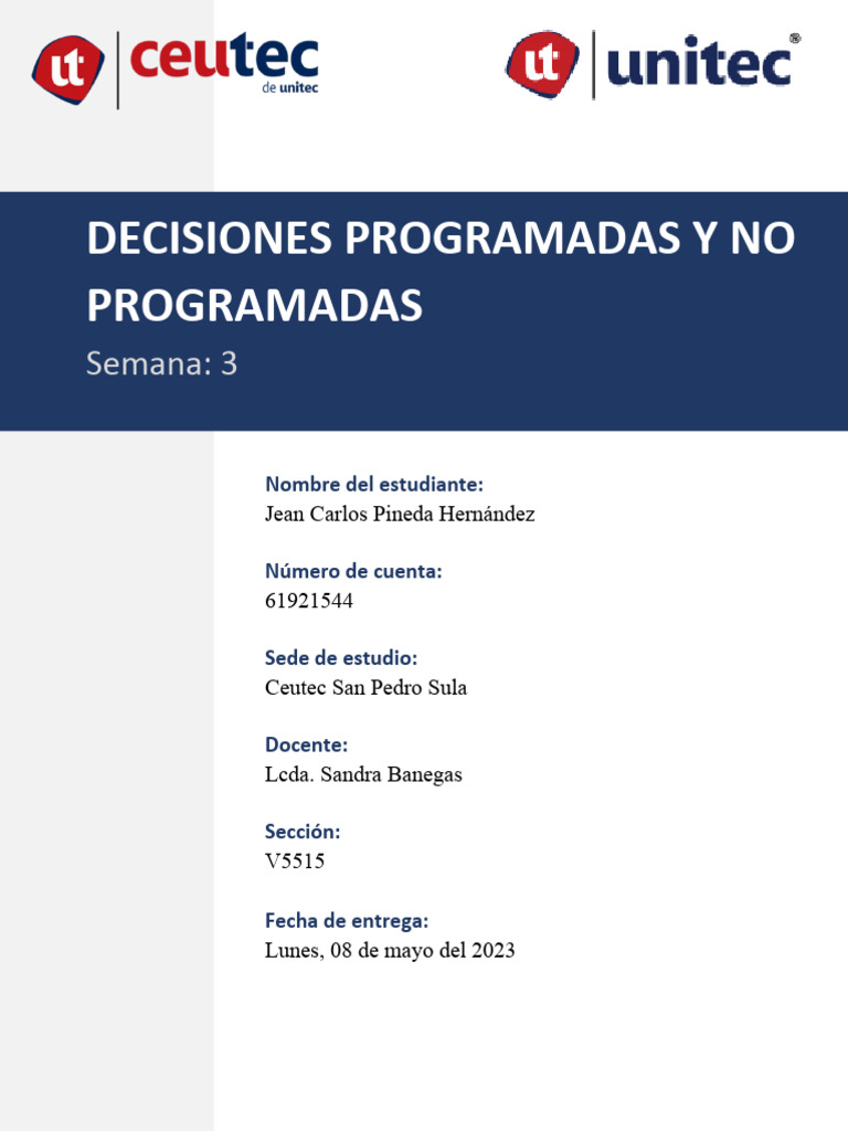 S3-Tarea 3.1 Decisiones Programadas y No Programadas | Descargar gratis PDF | Business