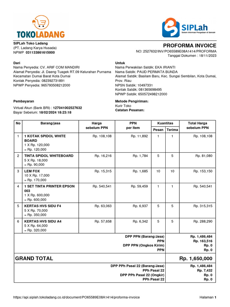 Proforma Invoice Po65589e08a1414 | PDF