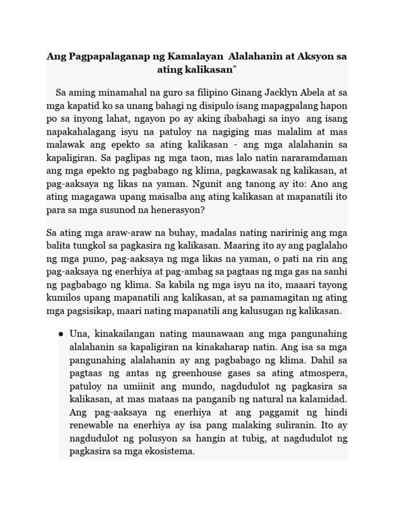 Talumpati Tungkol Sa Mga Alalahanin Sa Kalikasan Ang Pagpapalaganap NG ...