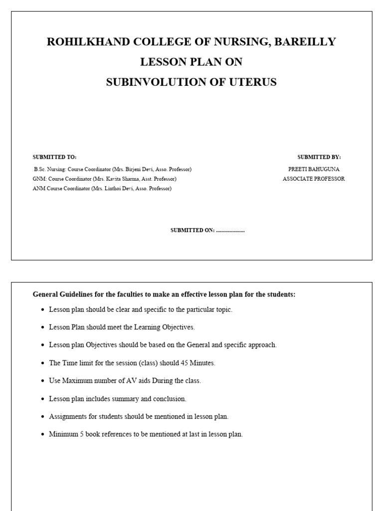 Lesson Plan On Subinvolution of Uterus | PDF | Lesson Plan | Learning