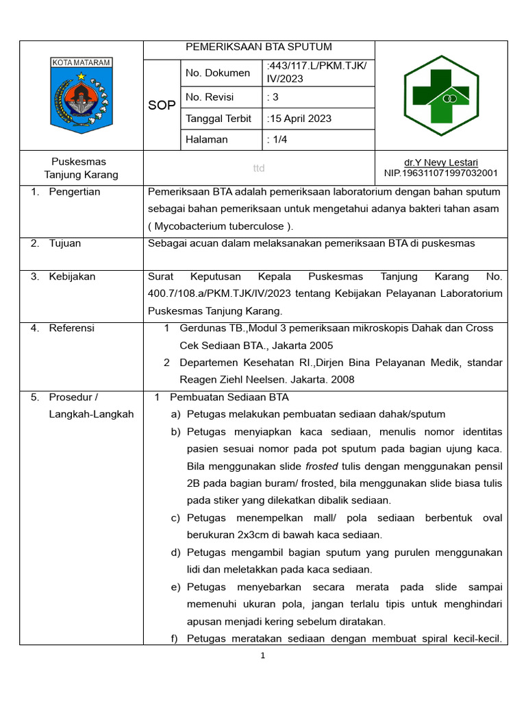 A07 SOP Pemeriksaan BTA 2023 | PDF