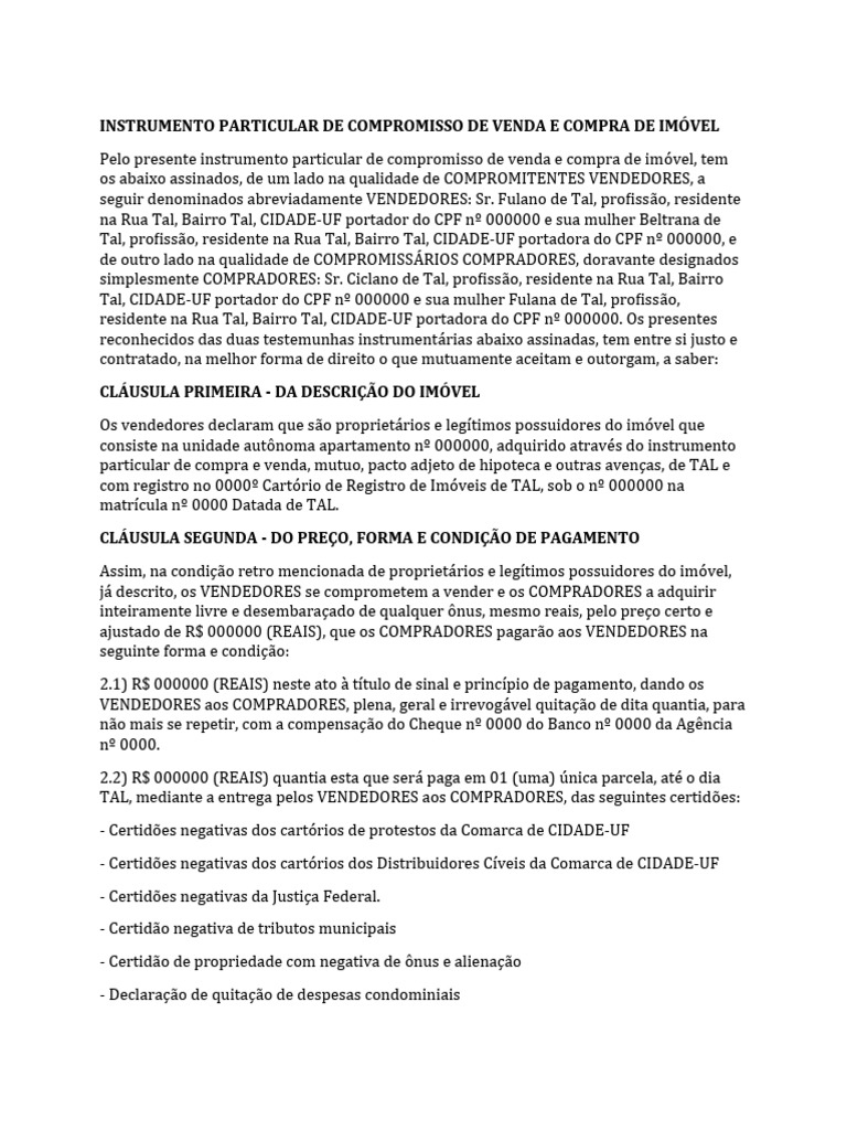 Modelo De Instrumento Particular De Compromisso De Venda E Compra De