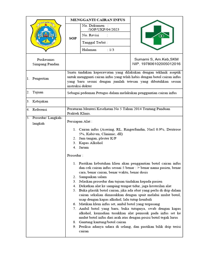 Prosedur Penggantian Cairan Infus | PDF