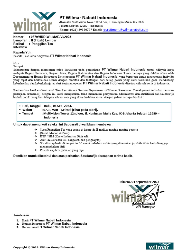 FIle Undangan Interview PT. Wilmar Nabati Indonesia (Wilmar Group Indonesia) | PDF