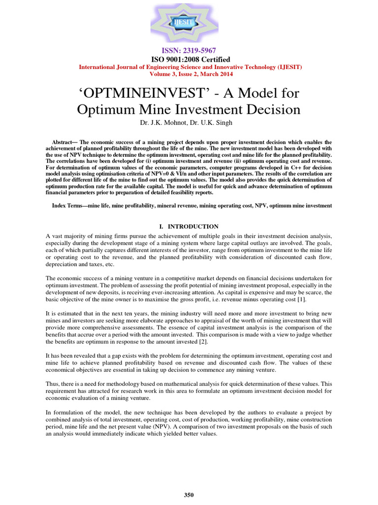 OPTMINEINVEST A Model For Optimum Mine I | PDF | Net Present Value | Mathematical Optimization