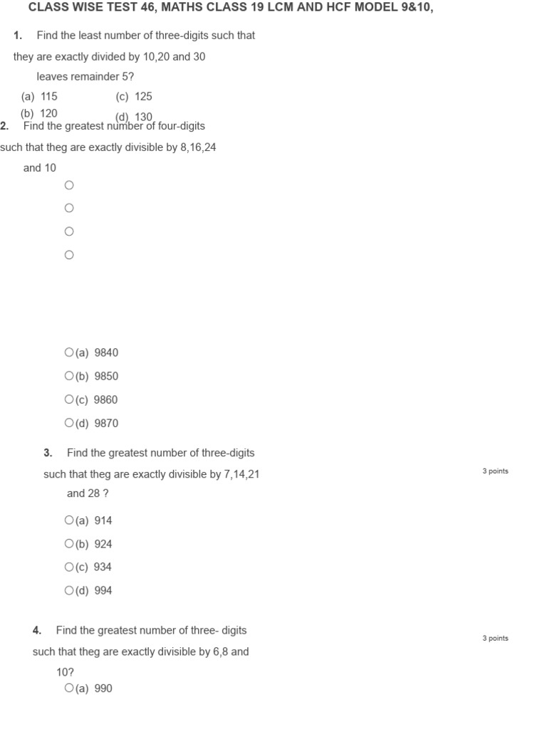 Class Wise Test 46, Maths Class 19 LCM and HCF Model 9&10 | PDF ...