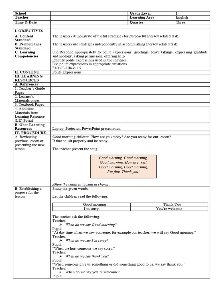 Dlp English 1 Q3 Polite Expressions Pdf Teachers Learning 2846