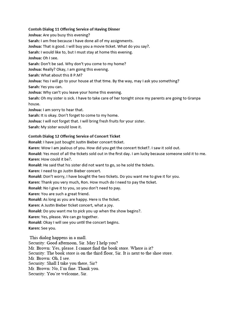 Contoh Dialog 11 Offering Service of Having Dinner Bahan PTS 12223 | PDF