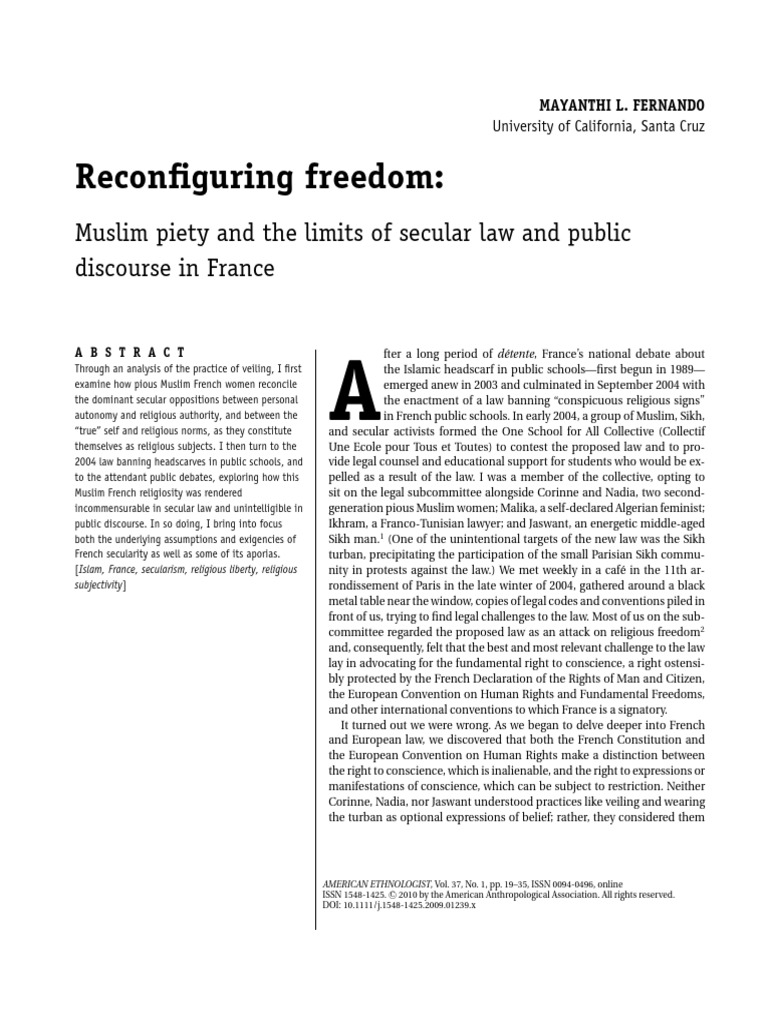 Reconfiguring Freedom-Muslim Piety and The Limits of Secular Law and Public Discourse in France ...