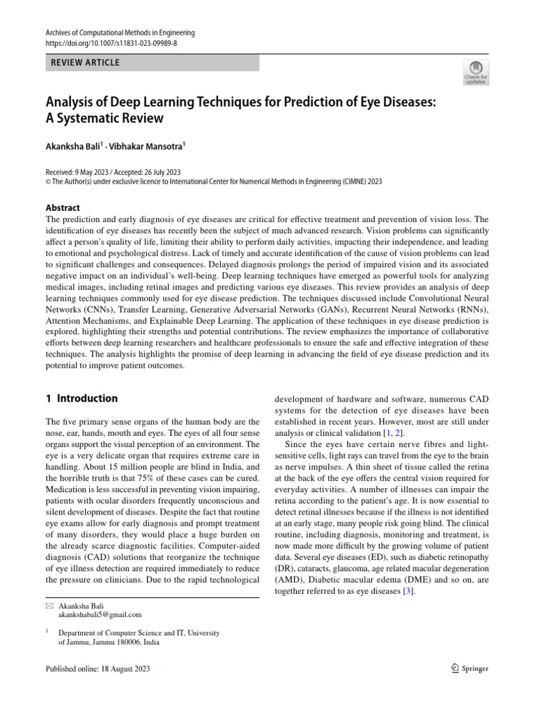 Analysis of Deep Learning Techniques For Prediction of Eye Diseases: A ...