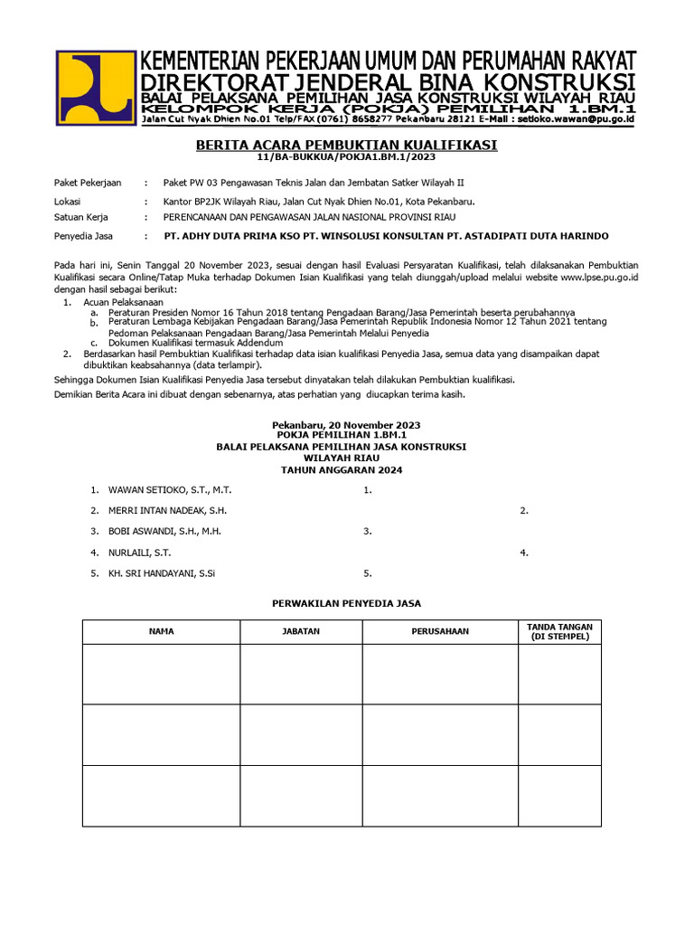 Ba Pembuktian Kualifikasi Pt. Adhy Duta Prima Kso | PDF