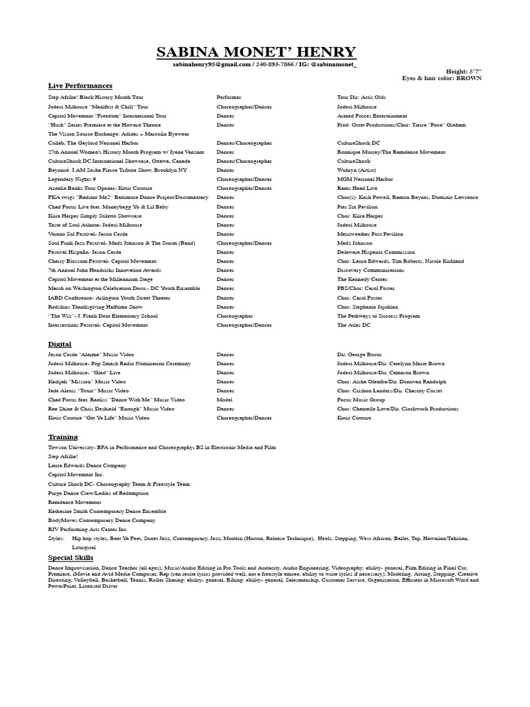 Sabina Monet Current Resume 3 | PDF | Dances | Choreography