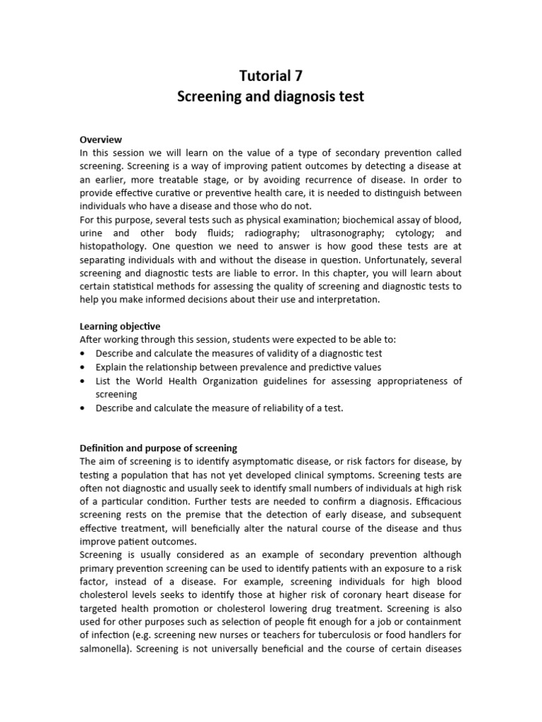 Screening in Public Health | PDF | Sensitivity And Specificity ...