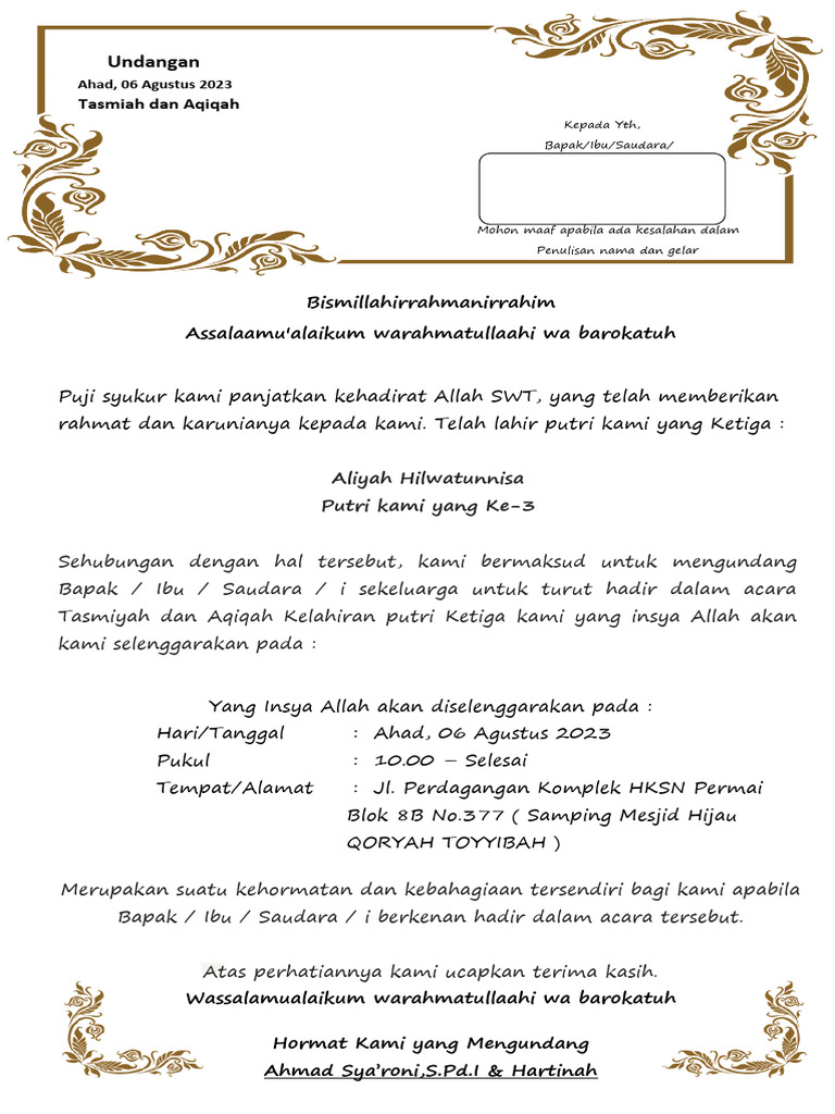 Undangan Aqiqah Dan Tasmiah | PDF