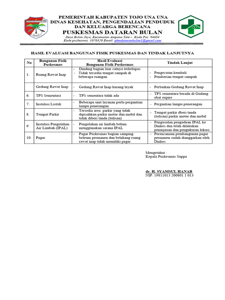 Evaluasi Fisik Puskesmas Dataran Bulan | PDF