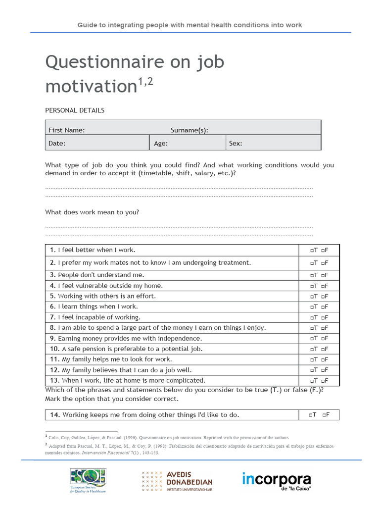 Job Motivation Questionnaire | PDF | Mental Health | Psychological Concepts