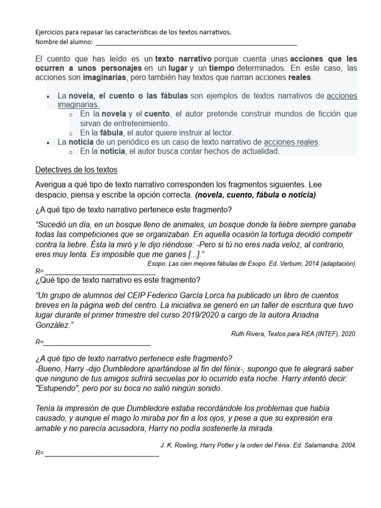 Ejercicios para Repasar Los Textos NARRATIVOS 2 | PDF | Narración | Cuentos