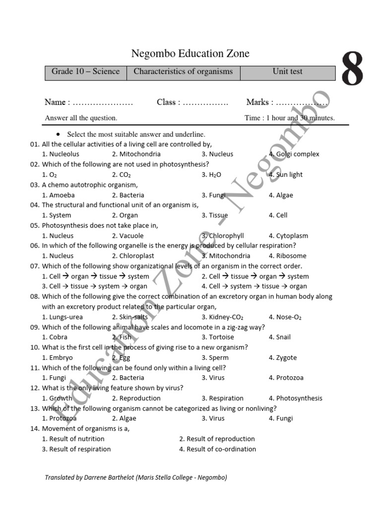 Grade 10 Science Unit Test: Characteristics | PDF | Cell (Biology ...