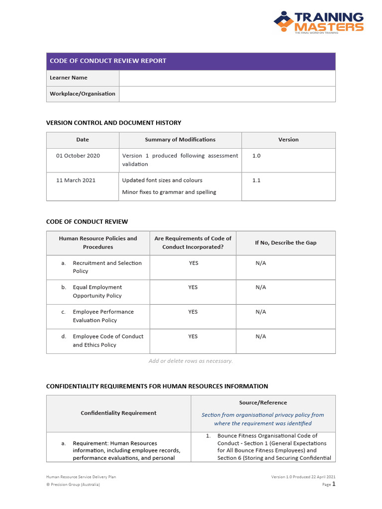 BSBHRM527 Code of Conduct Review Report Template v1.0 | PDF | Human ...