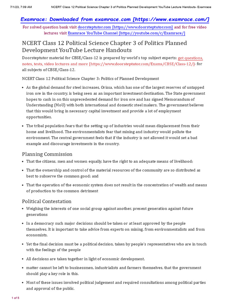 NCERT Class 12 Political Science Chapter 3 of Politics Planned ...