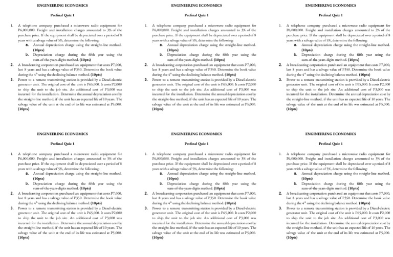 Engineering Economics Depreciation Quiz | PDF | Depreciation | Book Value