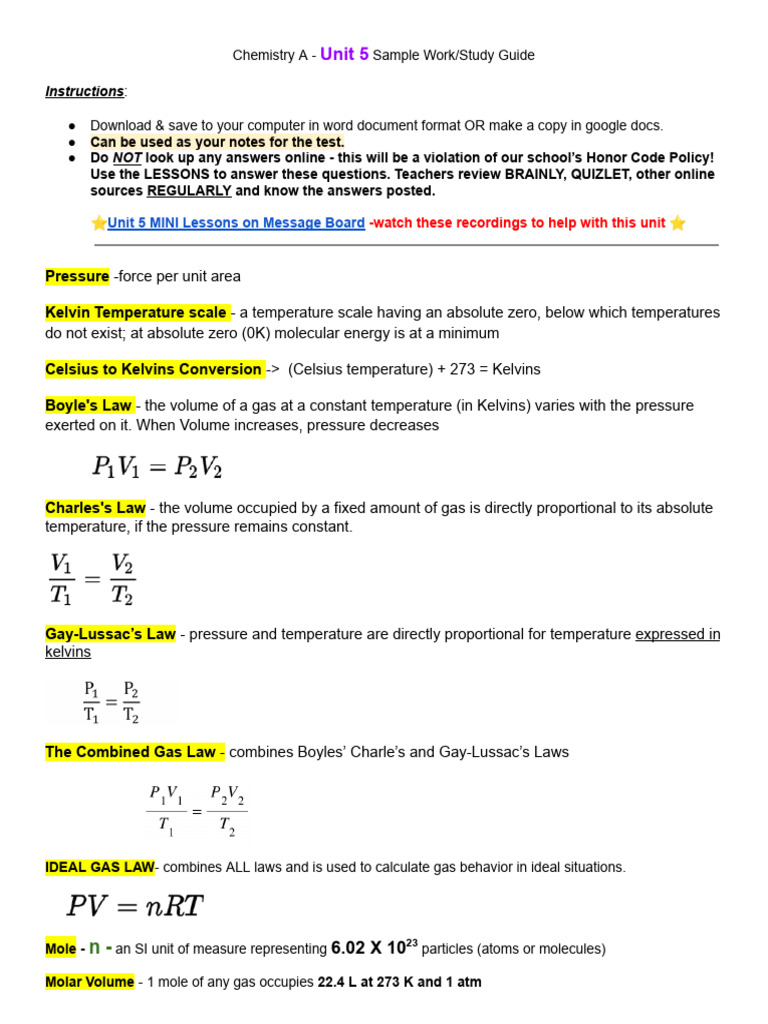 Chemistry Unit 5 Study Guide | PDF | Gases | Temperature