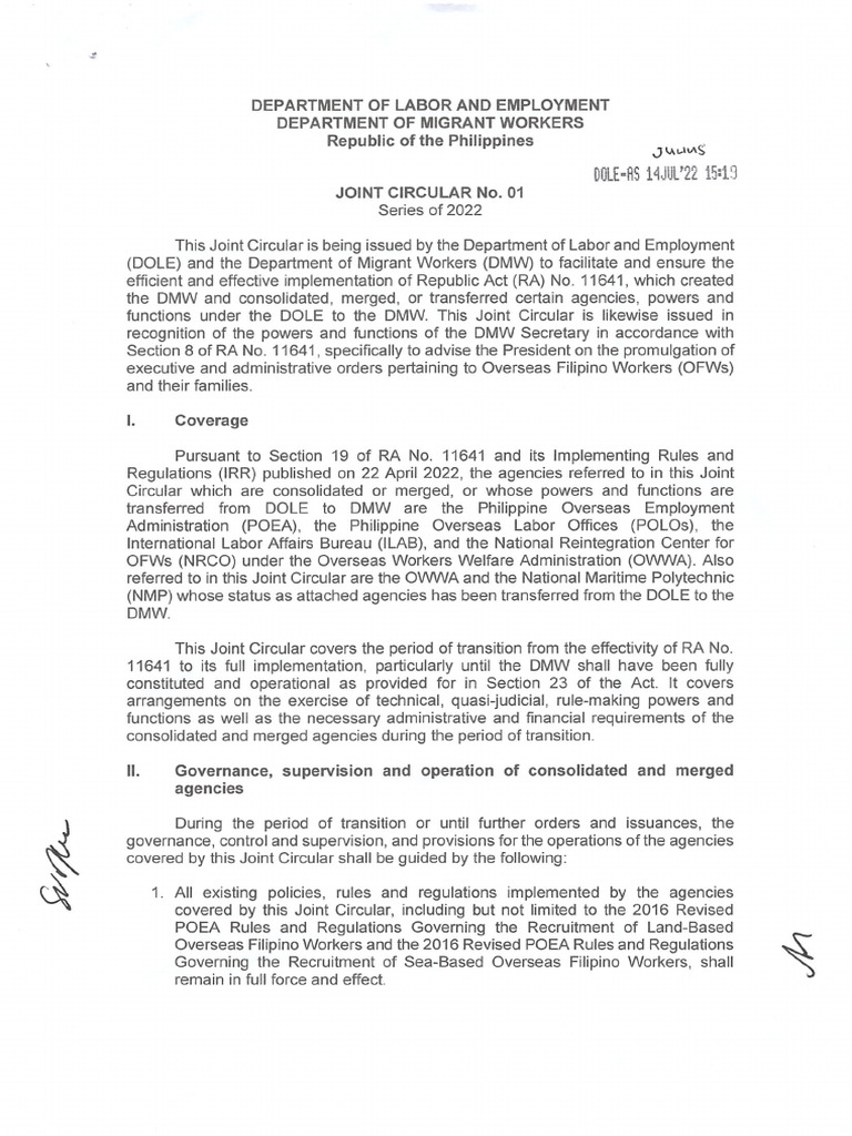 DOLE and DMW Joint Circular No. 1 22 Defining The Roles and ...