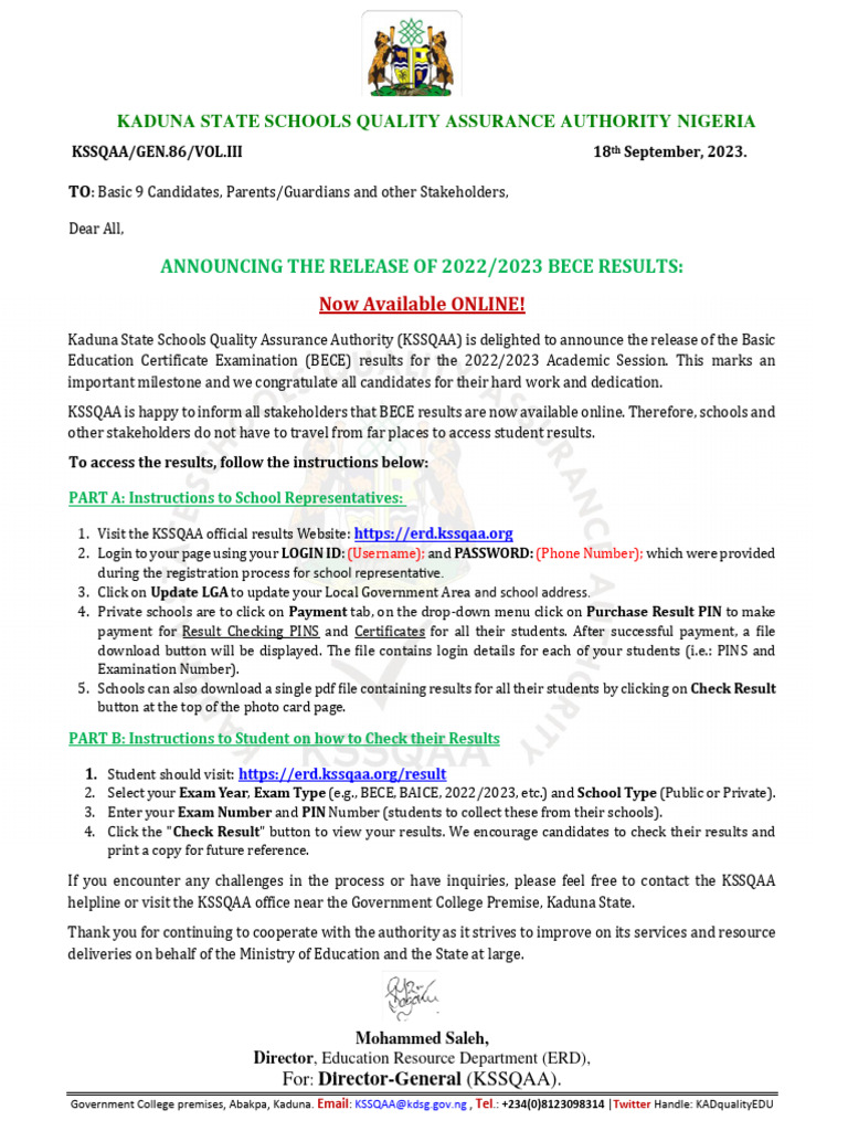 KSSQAA Headed Paper - BECE Results Release - Public Notice | PDF ...