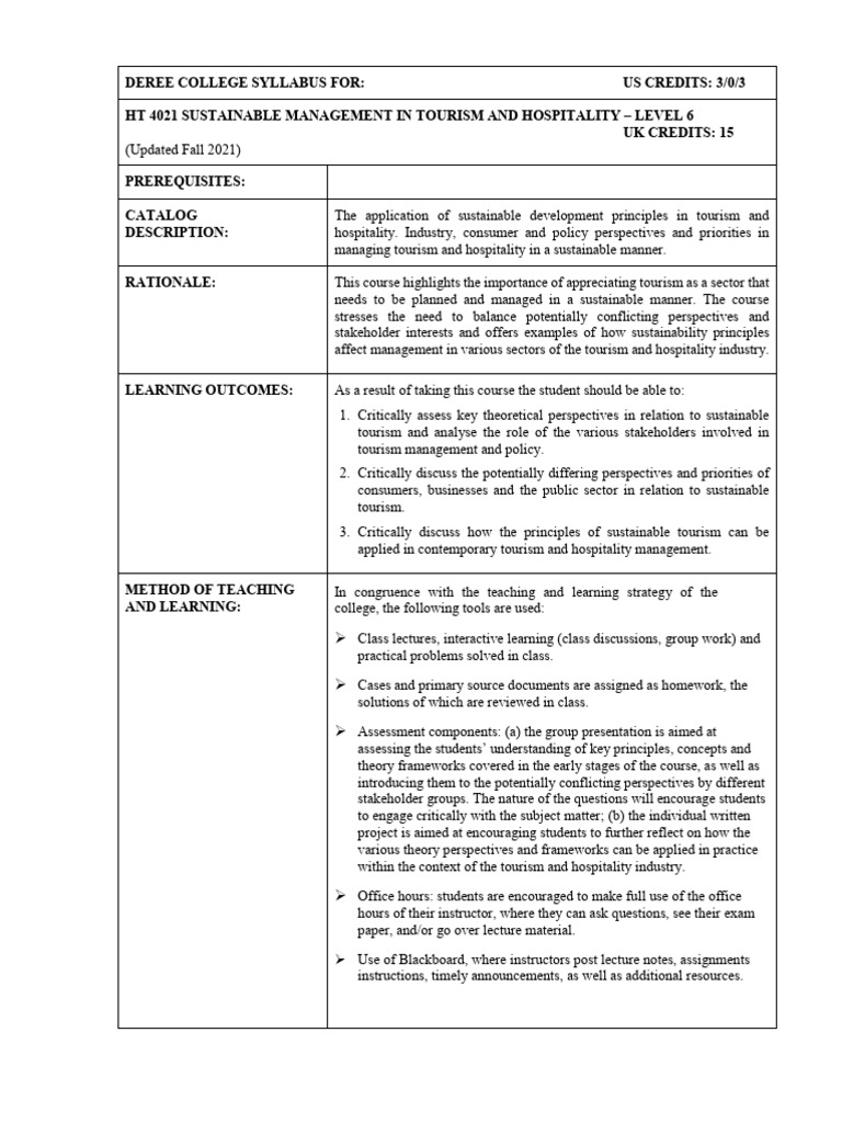 Sustainable Tourism Course Outline | PDF | Sustainability | Tourism