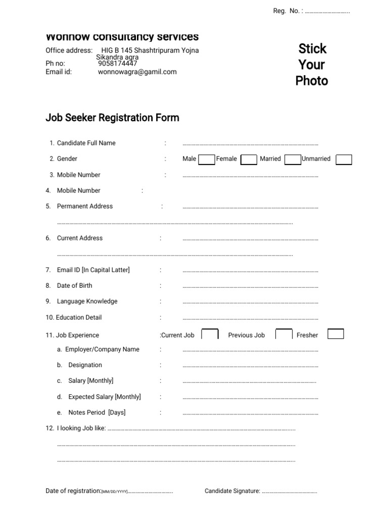 Job Seeker Registration Form Template | PDF