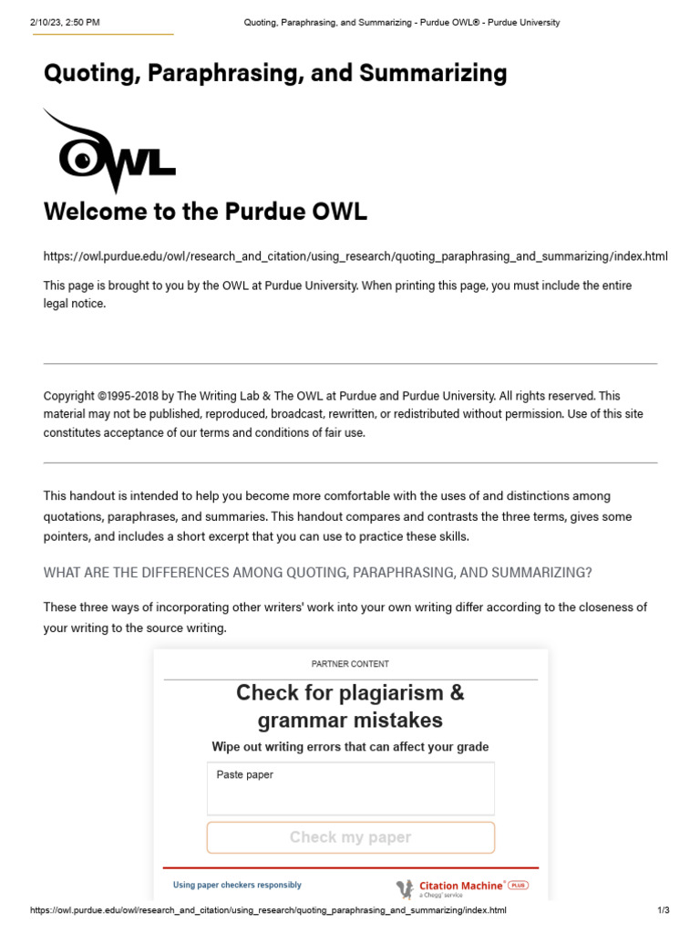 Quoting Paraphrasing and Summarizing - Purdue OWL - Purdue University ...