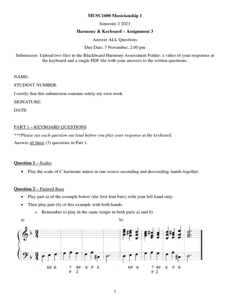 2023 MUSC1600 Harmony Written Assignment - 3 | PDF | Harmony | Chord (Music)