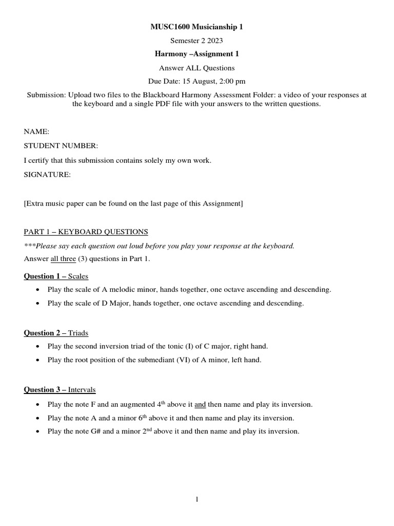 2023 MUSC1600 Harmony Written Assignment - 1 | PDF | Minor Scale | Chord (Music)