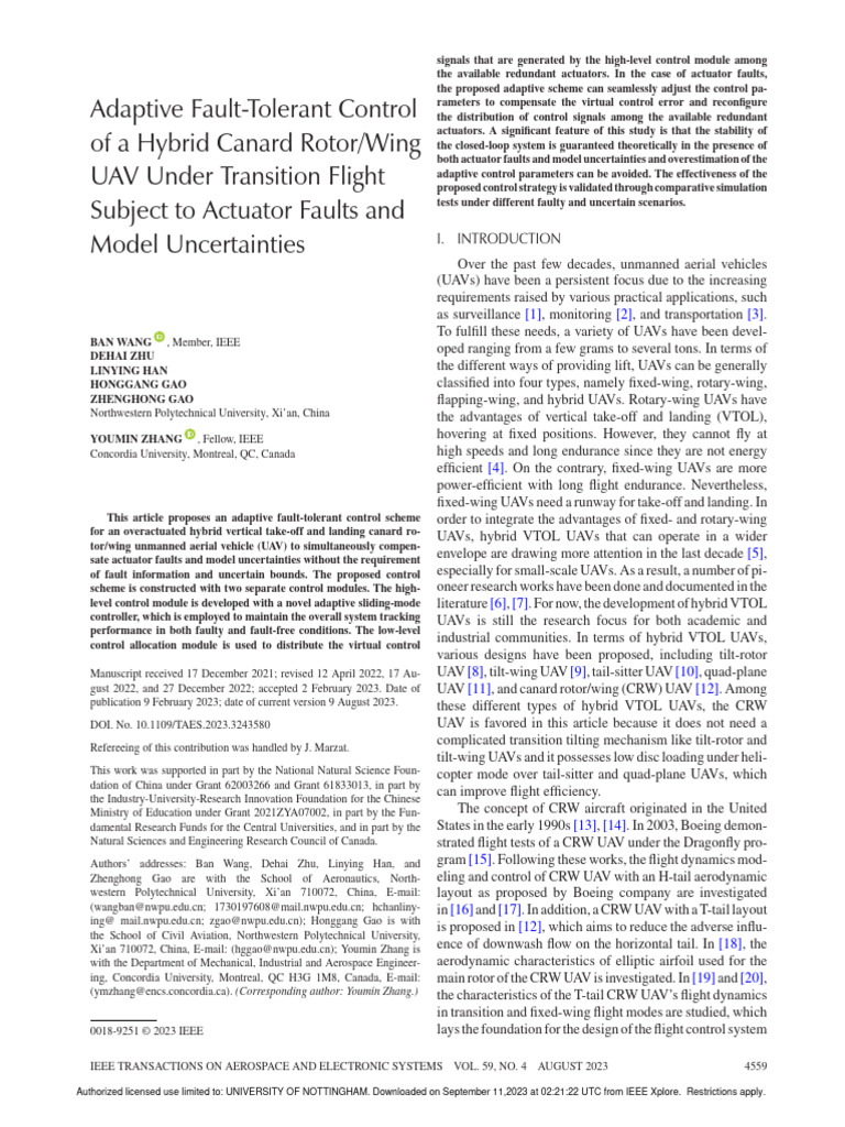 Adaptive Fault Tolerant Control Of A Hybrid Canard Rotor Wing Uav Under Transition Flight