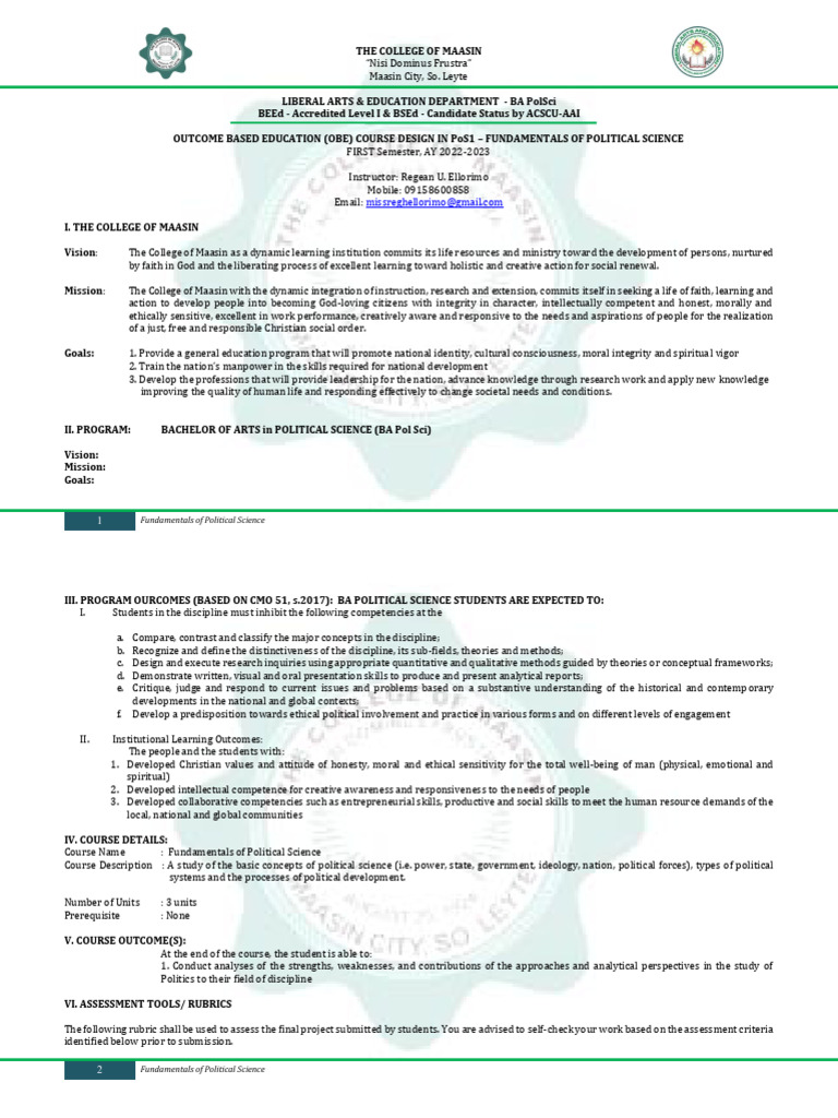 OBE SYLLABUS FUNDAMENTALS OF POLITICAL SCIENCE Checked | PDF ...