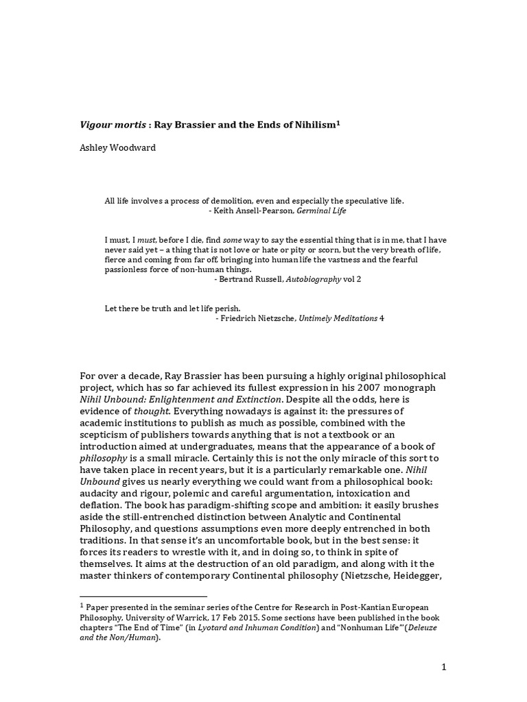 Ashley Woodward, Vigour Mortis: Ray Brassier and The Ends of Nihilism ...