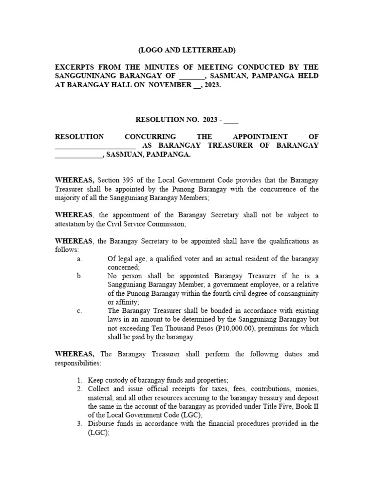 Resolution for Barangay Treasurer Appointment | PDF | Economies | Taxes