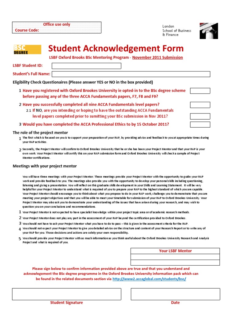 OB Student Acknowledgement Form Nov 2011 | PDF | Mentorship ...