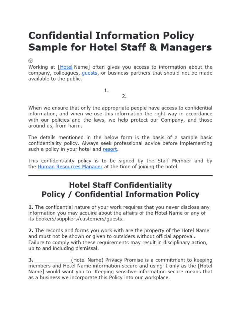 Confidential Information Policy Sample For Hotel Staff | PDF ...