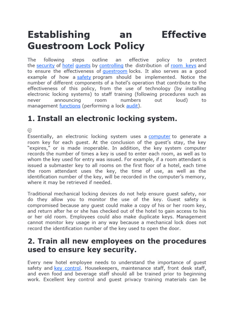 Establishing An Effective Guestroom Lock Policy | PDF | Audit | Hotel