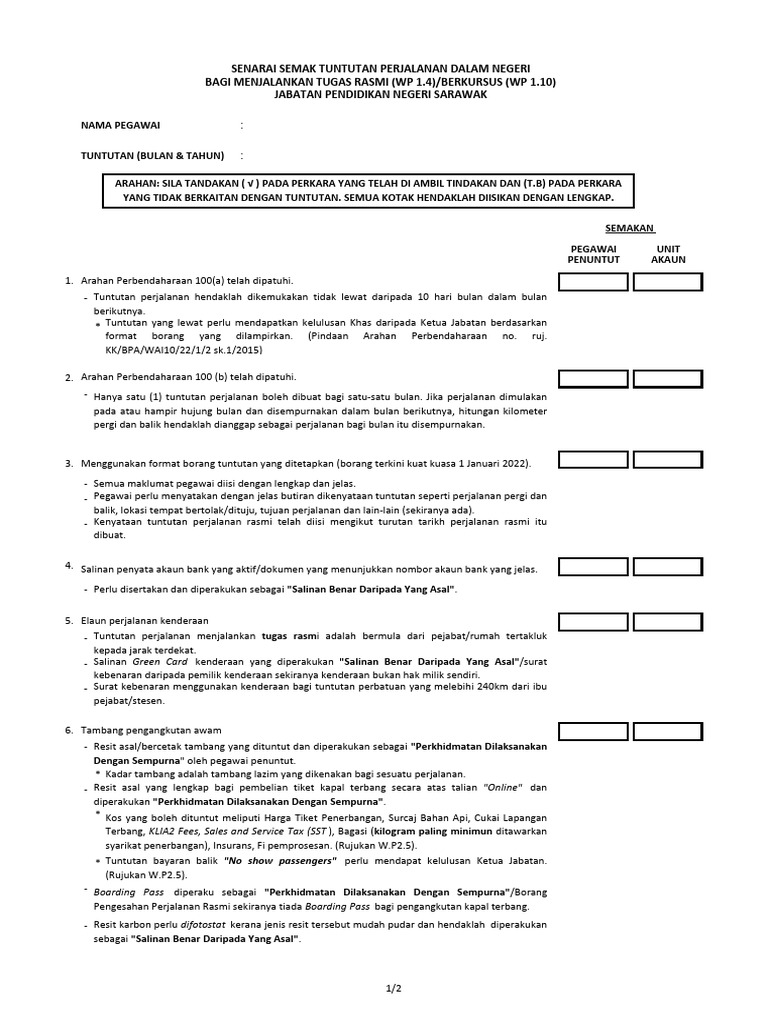Senarai Semak Tuntutan Perjalanan Tahun 2023 | PDF