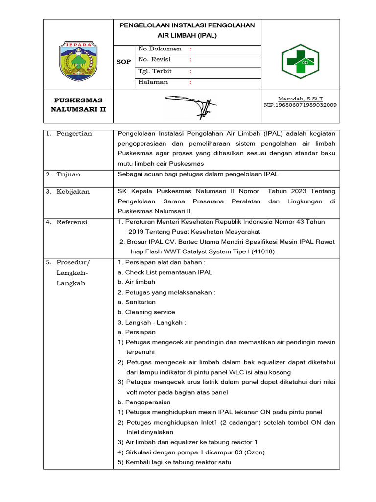 Sop Pengelolaan Ipal | PDF