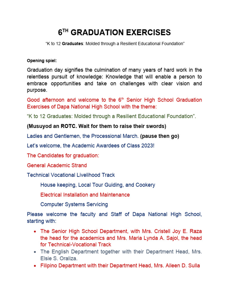 6th Graduation Exercises Script | PDF
