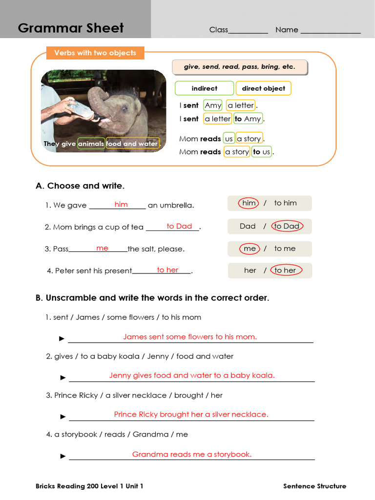 Bricks Reading 200 - L1 - Grammar Sheet - Answer Key | PDF | Lunch | Verb