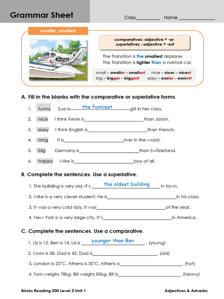 Bricks Reading 200 - L3 - Grammar Sheet | PDF | Adjective | Adverb