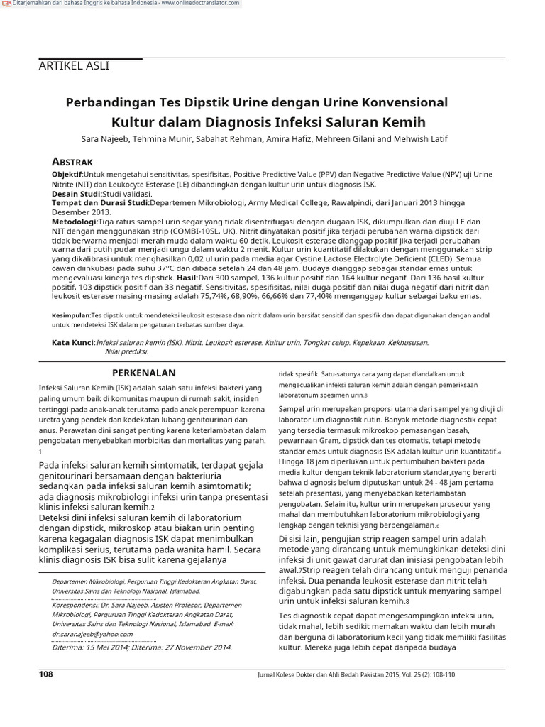 Translate Comparison of Urine Dipstick Test With Conventional Urine ...